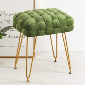 lue bona velvet vanity stool, rectangle ottoman, upholstered make up foot stool with gold metal legs and padded seat, modern footstool for living room, bedroom,dressing room, avocado green