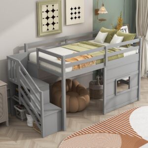 biadnbz twin size low loft bed with stairs, solid wood bedframe w/storage staircase, for kids teens bedroom, no box spring needed, gray