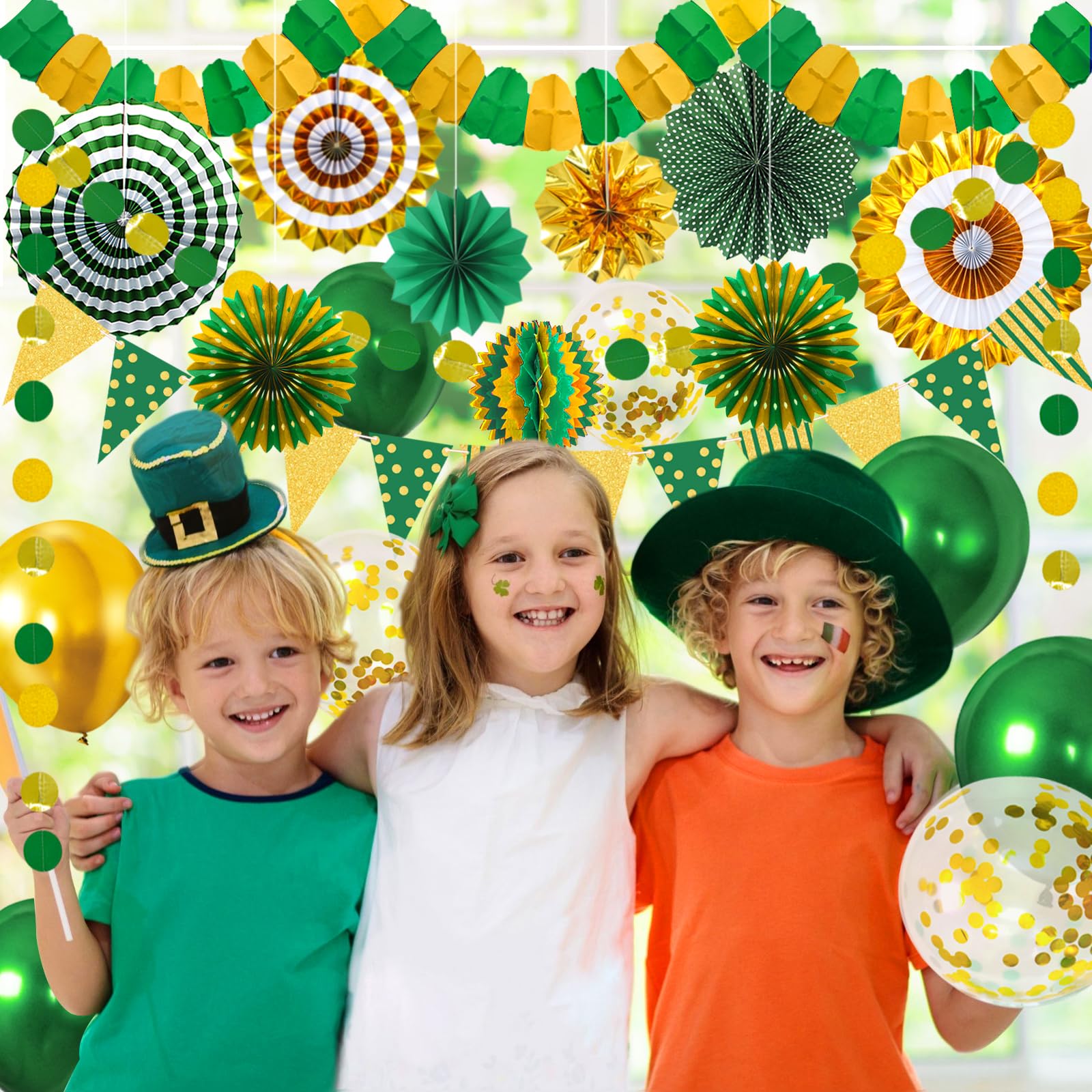 Green Gold Party Decorations, Graduation Season Hanging Paper Fans Honeycomb Balls Leaf Clover Garland Latex Balloons Triangle Flags Pennants for St. Patrick's Day Green Theme Birthday Gender Reveal