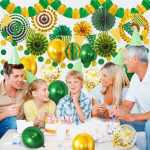 Green Gold Party Decorations, Graduation Season Hanging Paper Fans Honeycomb Balls Leaf Clover Garland Latex Balloons Triangle Flags Pennants for St. Patrick's Day Green Theme Birthday Gender Reveal