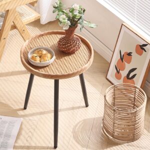 lita rattan log desktop round side end table, nightstand/small tables, indoor outdoor wooden tray table with metal stand end table for living room bedroom office small spaces