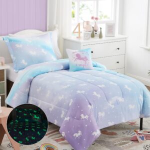 kaleido space kaleidospace kids twin comforter sets for girls, glow in the dark unicorn bedding sets -3 pieces lightweight bed in a bag