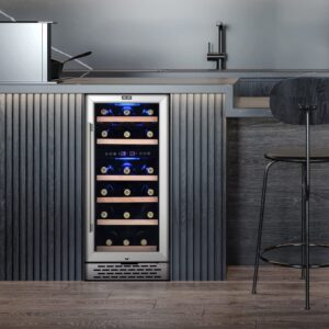 15 Inch Wine Cooler Under Counter, 28 Bottle Dual Zone Wine Fridge, Stainless Steel Built-in/Freestanding Wine Refrigerator, Double-Layer Tempered Glass Door with Lock, Fit Red & White Wine