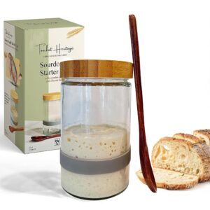 touchet heritage sourdough starter jar (32oz) | sourdough starter kit | thick, durable glass w/bamboo lid | 6.5” x 4" | wide mouth glass jar for sourdough with wooden spoon & silicone measuring band