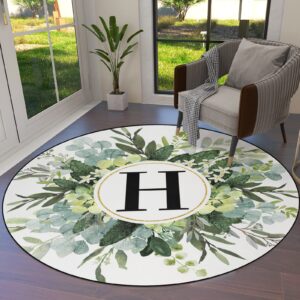 ocomster eucalyptus leaves round area rugs, monogram letter h children crawling mat non-slip mat, green watercolor spring residential carpet for living room kitchen rugs decor, 3ft(36in)