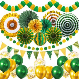 green gold party decorations, graduation season hanging paper fans honeycomb balls leaf clover garland latex balloons triangle flags pennants for st. patrick's day green theme birthday gender reveal