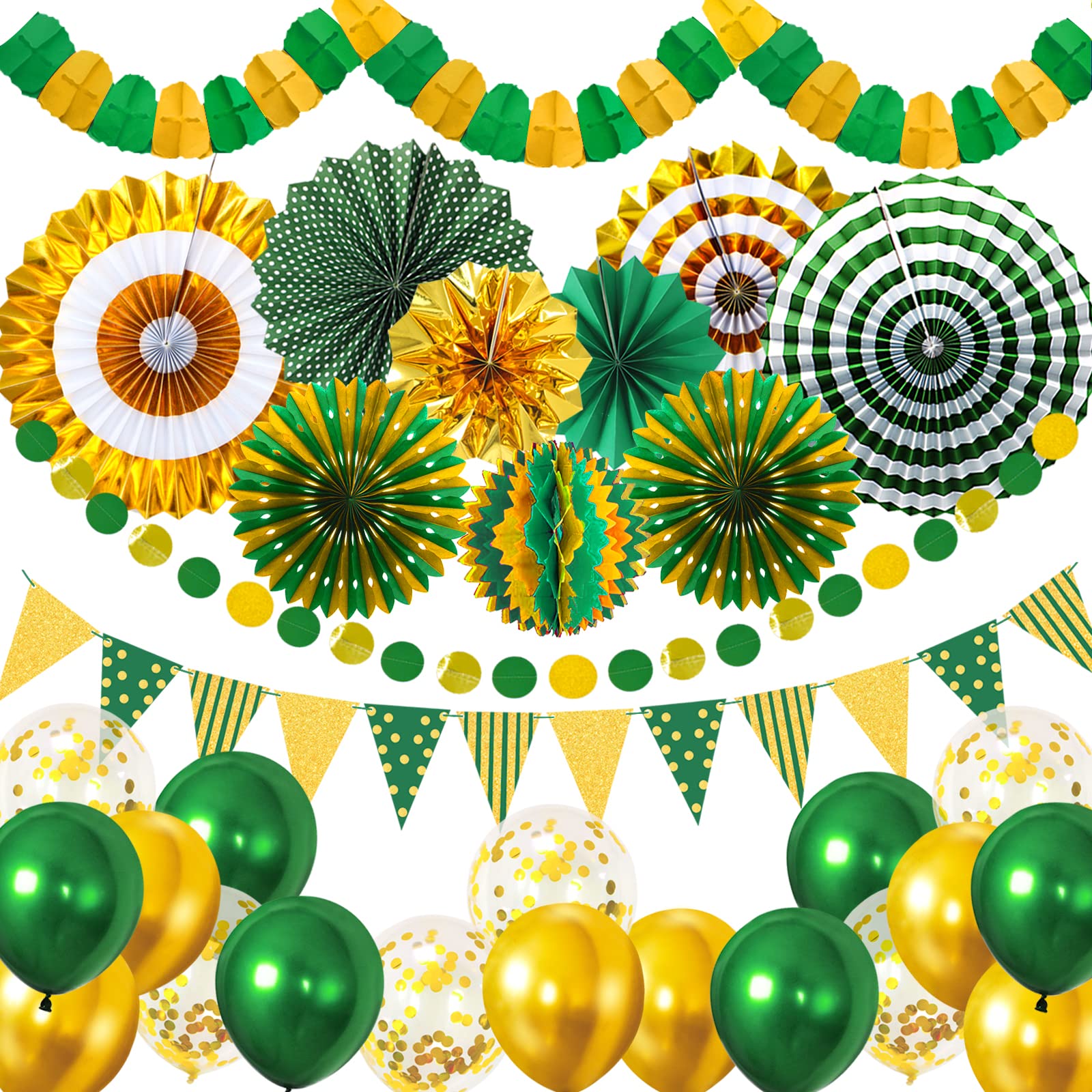 Green Gold Party Decorations, Graduation Season Hanging Paper Fans Honeycomb Balls Leaf Clover Garland Latex Balloons Triangle Flags Pennants for St. Patrick's Day Green Theme Birthday Gender Reveal