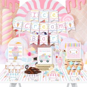 sweet ice cream bar decor kit,summer ice cream cart sundae bar banner ice cream table sign food label tent cup tag sticker for ice cream sweet baby bridal shower bday wedding graduation party supplies