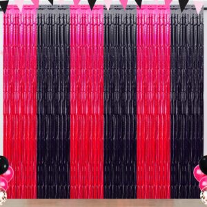 hot pink backdrop curtain, black and hot pink birthday decorations hot pink black backdrop wall streamers for graduation girls women wedding bridal baby shower bachelorette party decorations (3 pack)