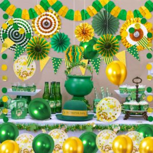 Green Gold Party Decorations, Graduation Season Hanging Paper Fans Honeycomb Balls Leaf Clover Garland Latex Balloons Triangle Flags Pennants for St. Patrick's Day Green Theme Birthday Gender Reveal