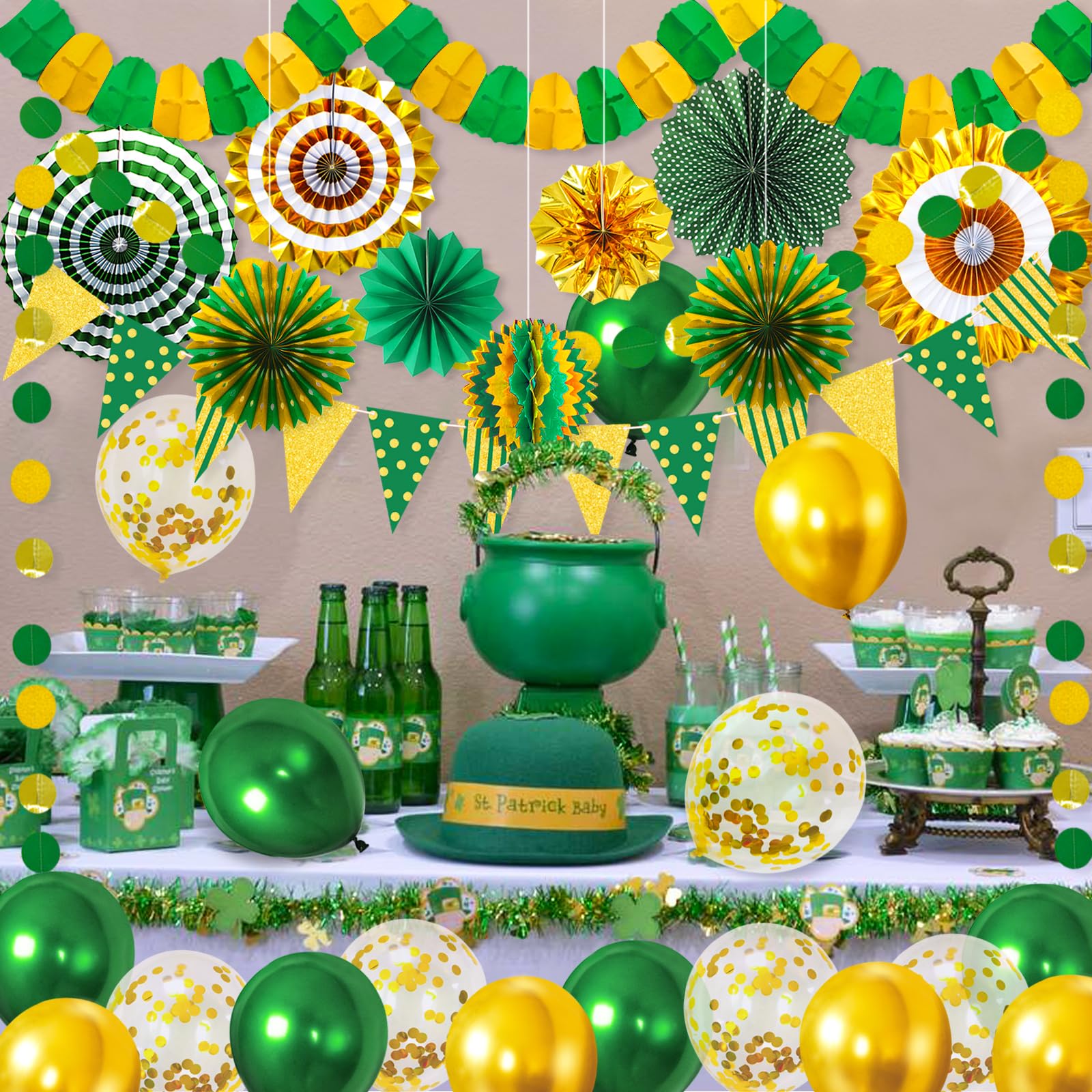 Green Gold Party Decorations, Graduation Season Hanging Paper Fans Honeycomb Balls Leaf Clover Garland Latex Balloons Triangle Flags Pennants for St. Patrick's Day Green Theme Birthday Gender Reveal