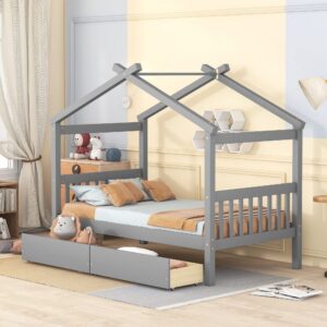 harper & bright designs twin size house bed for kids, wooden house bed twin with two drawers, kids twin bed frame with storage,roof design for girls boys, grey