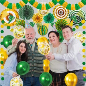 Green Gold Party Decorations, Graduation Season Hanging Paper Fans Honeycomb Balls Leaf Clover Garland Latex Balloons Triangle Flags Pennants for St. Patrick's Day Green Theme Birthday Gender Reveal