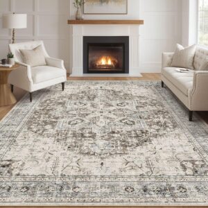 area rug living room rugs - 9x12 washable boho rug vintage oriental distressed farmhouse large thin indoor carpet for living room bedroom under dining table home office - brown blue