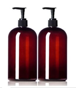 mountainleaf 2 pack 16 oz (475 ml) boston round plastic pet bottles with black lotion pump dispensers | shampoo lotion soap diy bottles | made in usa (amber bottle)