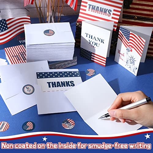 Tisancy 100 Sets Patriotic Greeting Cards with Envelopes Stickers American Flag Patriotic Thank You Cards for Military Veteran July 4th Memorial Day (Bright Flag)