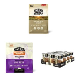 bundle of acana® limited ingredient dry dog food, duck & pear, 4.5lb + acana® freeze dried dog food, duck recipe, morsels, 8oz + acana chunks duck recipe in bone broth case of 12