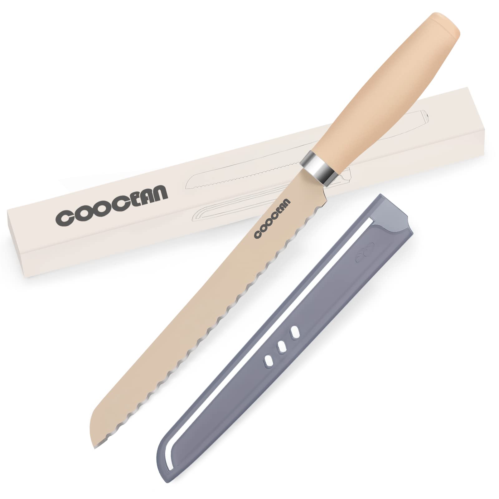 COOCLAN Bread Knife, Serrated Bread Knife 8 Inch with Sharp Wide Wavy Serrated Edge, Ultra Sharp High Carbon Steel Non-slip Rubber Handle Bread Cutting Knife with Sheath for Homemade Bread