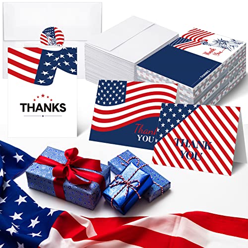 Tisancy 100 Sets Patriotic Greeting Cards with Envelopes Stickers American Flag Patriotic Thank You Cards for Military Veteran July 4th Memorial Day (Bright Flag)