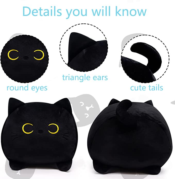 LiinBeiiLiaa (Two Pcs) Cute Cat Plushies, Black Cat Plush Soft Stuffed Animals Pillow Cat Shape Design Sofa Pillow,Hugging Plush Squishy Pillow Toy Gifts for Kids (16 Inch+6Inch)