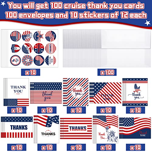 Tisancy 100 Sets Patriotic Greeting Cards with Envelopes Stickers American Flag Patriotic Thank You Cards for Military Veteran July 4th Memorial Day (Bright Flag)