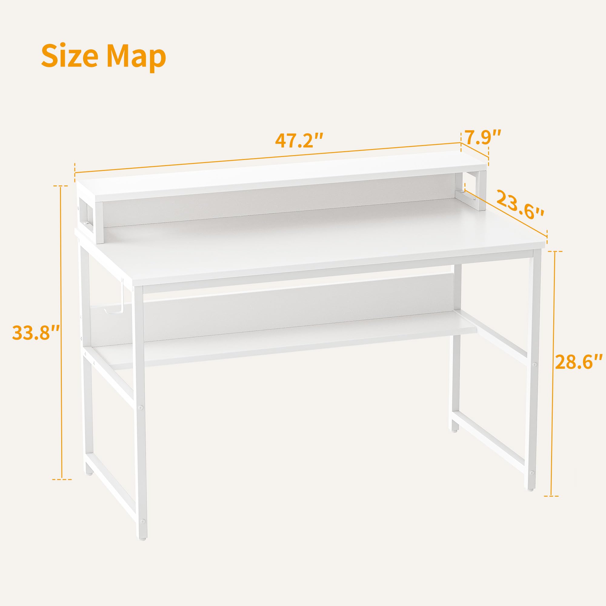 Cubiker 47 Inch Computer Desk with Storage, Home Office Desk with Monitor Stand and Storage Shelves, Modern Study Writing Desk, White