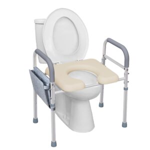 raised toilet seat with arms, height adjustable, 25" width, up to 400lbs, reinforced and anti-skid, bedside commode, bathroom assist safety frame for elderly, handicap