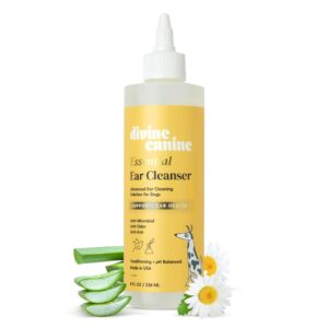 divine canine dog ear cleaner - 8 fl oz of dog ear wash - dog ear drops to dissolve wax, combat odor, and support healthy ears - made with chamomile, honey, and aloe - made in the usa