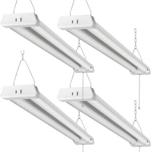 oooled 4 pack led shop light 4ft, 42w 4500lm 6500k super bright white linkable led shop light, plug in shop light with pull chain (on/off), 4 foot led shop lights for workshop, garage, shop