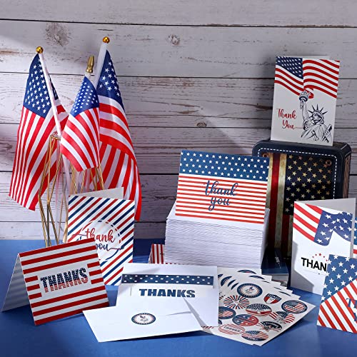 Tisancy 100 Sets Patriotic Greeting Cards with Envelopes Stickers American Flag Patriotic Thank You Cards for Military Veteran July 4th Memorial Day (Bright Flag)