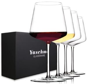 yaschmo wine glasses set of 4- hand blown crystal, 18 oz modern glasses with tall stem for red white wine, great gift packaging for daily use,unique wedding anniversary or birthday gift