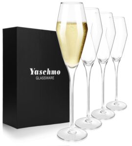 yaschmo champagne flutes glasses set of 4, 8.4 oz hand blown crystal wedding flutes glasses, elegant tulip glasses - ideal gift for wedding, anniversary,christmas day (4 count (pack of 1))