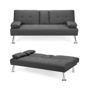 komfott upholstered futon sofa bed, linen futon sofa couch with adjustable backrest & removable armrests, 2 cup holders, convertible sleeper sofa love seat for living room apartment (dark gray)