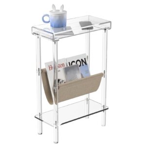 eglaf acrylic narrow side table for small spaces - slim end table with magazine holder - skinny side table small bedside table nightstand for living room bedroom- 15.7” l x 7” w x 23.9” h, clear