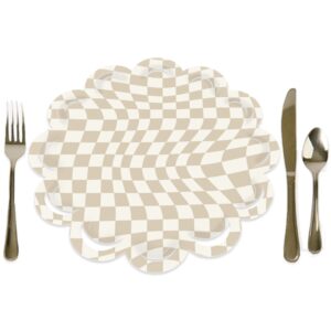 big dot of happiness tan checkered party - round table decorations - paper chargers - place setting for 12