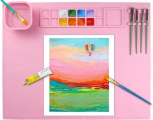 queceuy silicone painting mat，20"x16"silicone art mat with 1 water cup ，handmade erasable washable，for resin, diy, clay, play doh silicone drawing mat for children（pink）