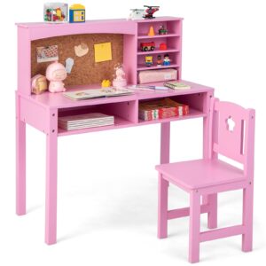 costzon kids desk and chair set, wooden study desk for kids with storage, hutch, cork bulletin board, student writing computer workstation, kids desk for study room, bedroom, school, pink