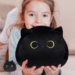 LiinBeiiLiaa (Two Pcs) Cute Cat Plushies, Black Cat Plush Soft Stuffed Animals Pillow Cat Shape Design Sofa Pillow,Hugging Plush Squishy Pillow Toy Gifts for Kids (16 Inch+6Inch)