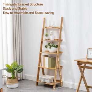 DOUSY- 5-Tier Bamboo Ladder Shelf Ladder Bookshelf Plant & Flower Stand Bookcase, Freestanding Storage Rack Organizer Display Shelf for Living Room, Home Office, Bedroom, Balcony, Natural Wood