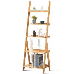 dousy- 5-tier bamboo ladder shelf ladder bookshelf plant & flower stand bookcase, freestanding storage rack organizer display shelf for living room, home office, bedroom, balcony, natural wood