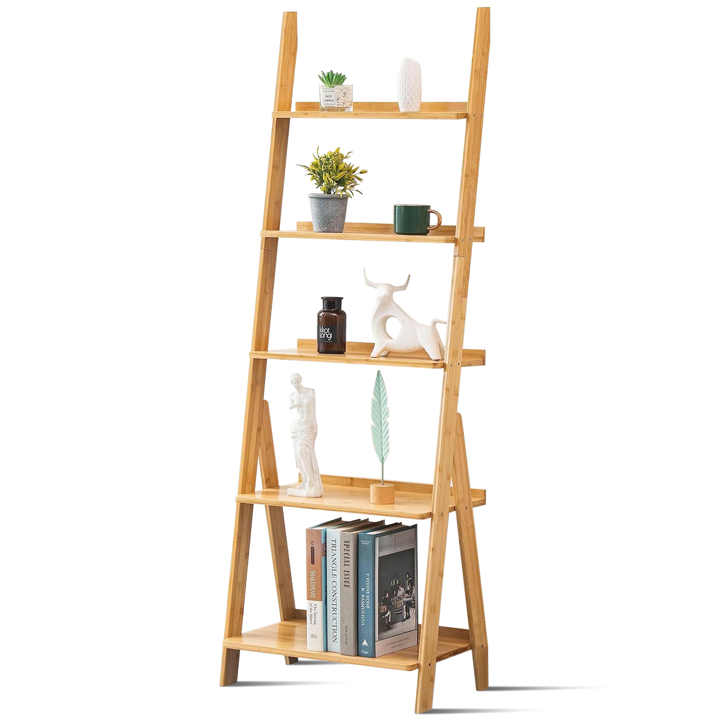 DOUSY- 5-Tier Bamboo Ladder Shelf Ladder Bookshelf Plant & Flower Stand Bookcase, Freestanding Storage Rack Organizer Display Shelf for Living Room, Home Office, Bedroom, Balcony, Natural Wood