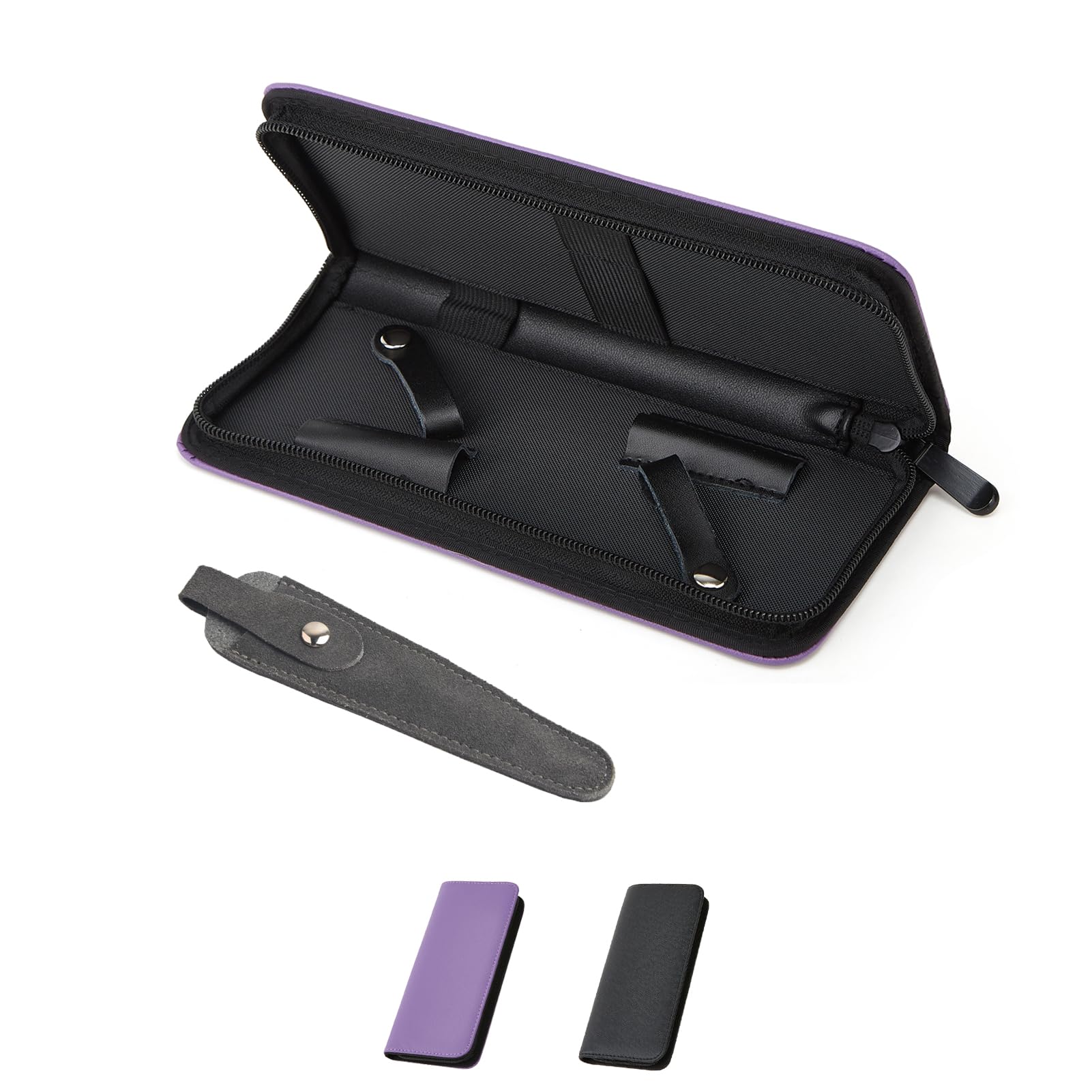 LAKE OF FIRE Scissors Case with Zippers and Leather Cover for Convenient Storage and Protection (Purple+Gray)