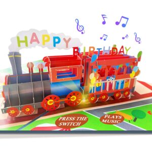 3d music cartoon train birthday card, 3d pop up birthday greeting cards with music, play happy birthday music for wife, husband, him, her,kids, men and women