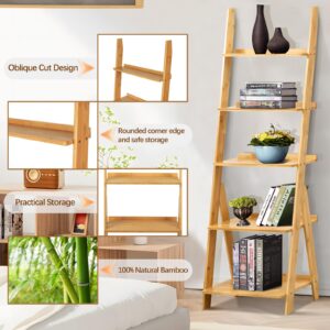 DOUSY- 5-Tier Bamboo Ladder Shelf Ladder Bookshelf Plant & Flower Stand Bookcase, Freestanding Storage Rack Organizer Display Shelf for Living Room, Home Office, Bedroom, Balcony, Natural Wood