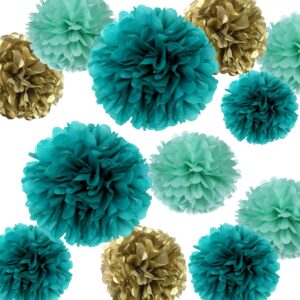 12pcs teal turquoise aqua gold party paper flowers streamers pom poms for backdrop birthday wedding baby bridal shower bachelorette christmas nursery wall hanging décor