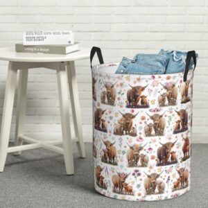 Highland Cow Print Laundry Hamper Large Laundry Basket Foldable Dirty Clothes Toys Organizer Bag With Handles For Bathroom,Bedroom,College Dorm