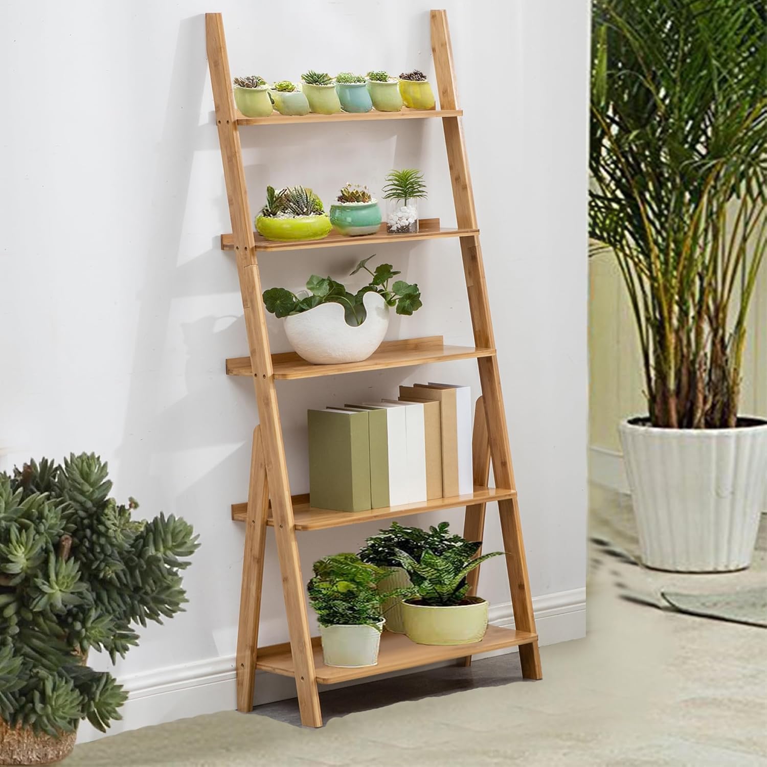 DOUSY- 5-Tier Bamboo Ladder Shelf Ladder Bookshelf Plant & Flower Stand Bookcase, Freestanding Storage Rack Organizer Display Shelf for Living Room, Home Office, Bedroom, Balcony, Natural Wood