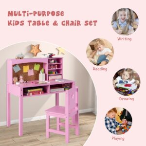 Costzon Kids Desk and Chair Set, Wooden Study Desk for Kids with Storage, Hutch, Cork Bulletin Board, Student Writing Computer Workstation, Kids Desk for Study Room, Bedroom, School, Pink