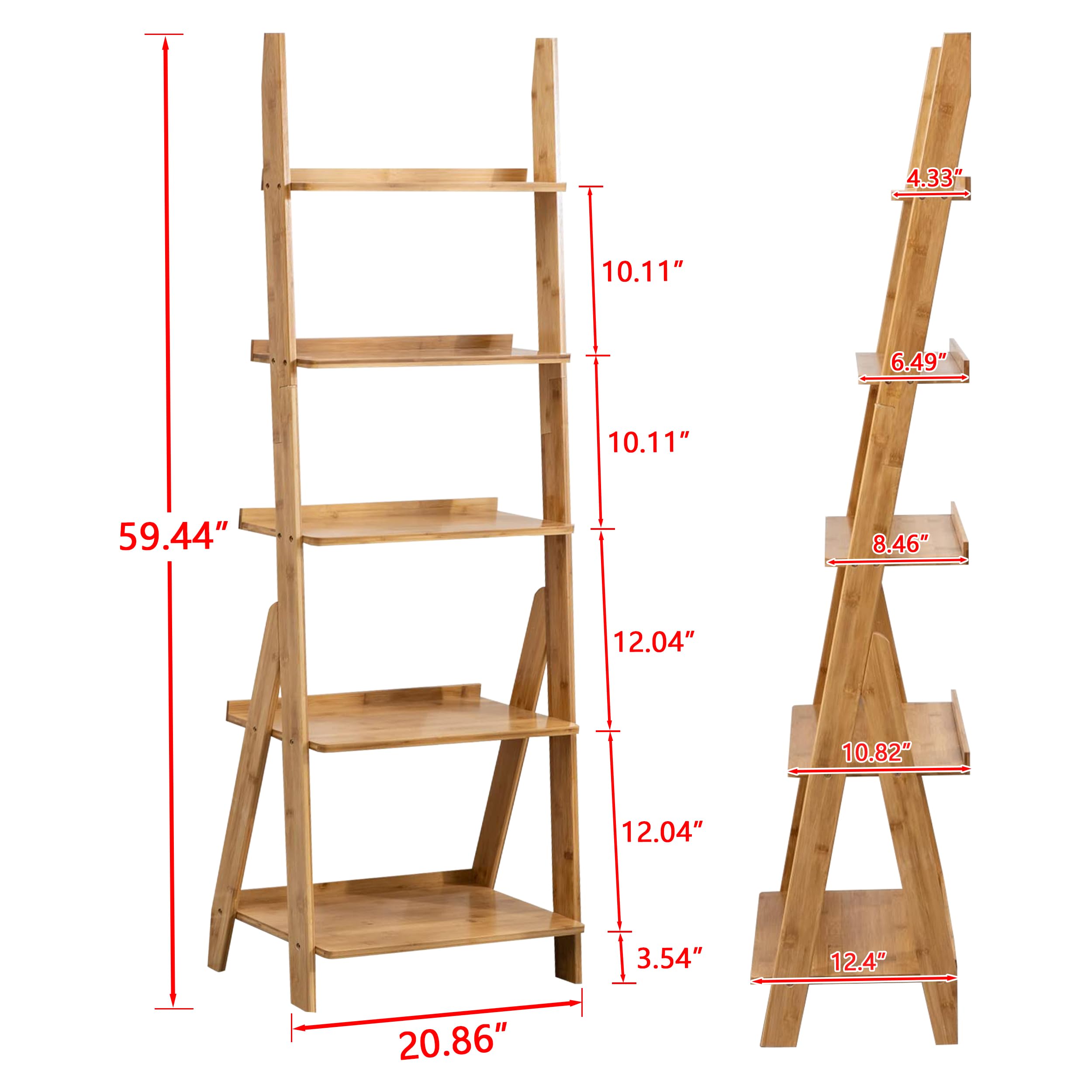 DOUSY- 5-Tier Bamboo Ladder Shelf Ladder Bookshelf Plant & Flower Stand Bookcase, Freestanding Storage Rack Organizer Display Shelf for Living Room, Home Office, Bedroom, Balcony, Natural Wood