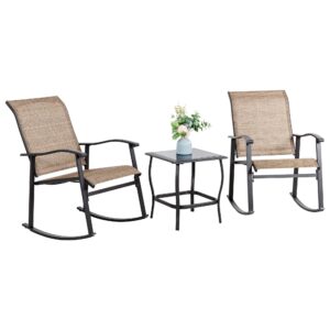 vongrasig 3 piece outdoor rocking bistro set, textilene fabric small patio furniture set, front porch rocker chairs conversation set with glass table for lawn, garden, balcony, poolside (brown)